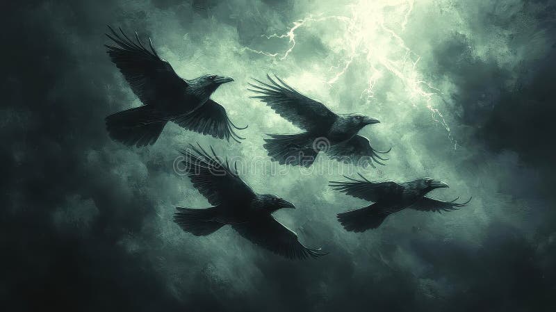Dark Clouds, Lightning, and Four Flying Ravens Stock Illustration ...
