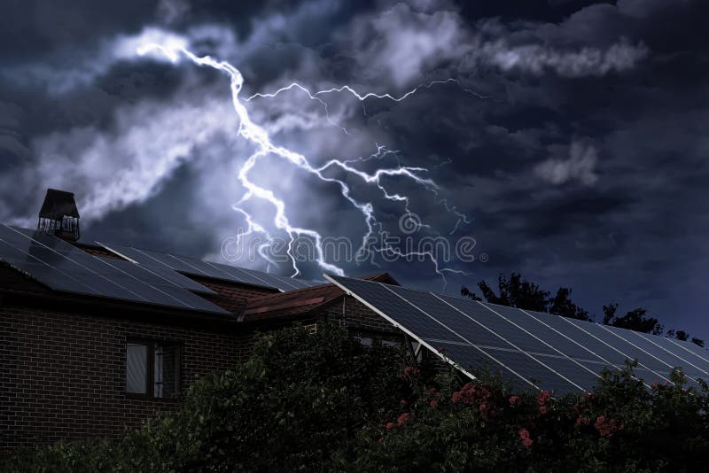 Dark Cloudy Sky with Lightning Over House. Stormy Weather Stock Photo ...