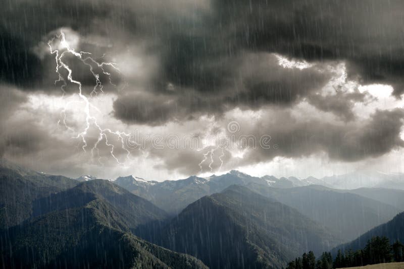 Dark Cloudy Sky with Lightnings and Rain Over Beautiful Mountains ...