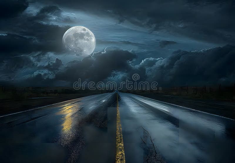 Full Moon Night Road Landscape Stock Illustration - Illustration of ...