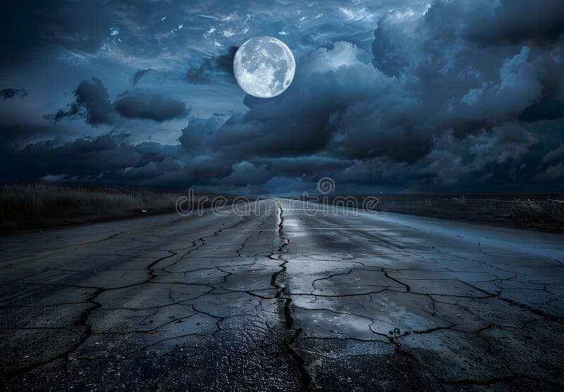 Eerie Full Moon Road with Cracked Asphalt Stock Illustration ...