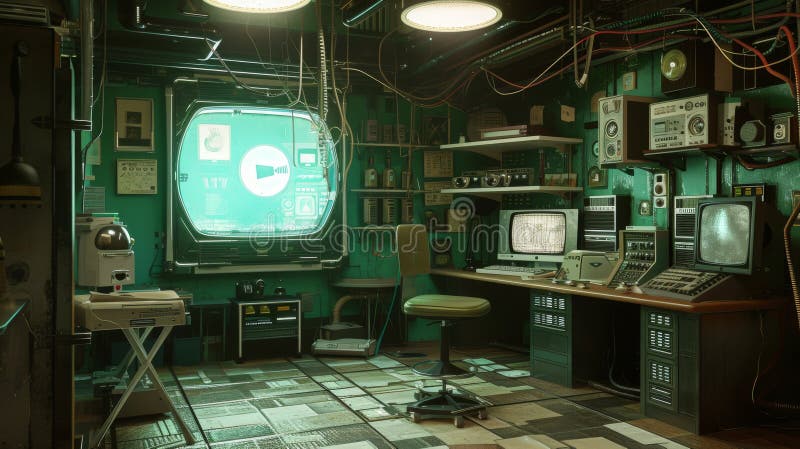 Dark, Cluttered Control Room with Vintage Technology Stock Photo ...