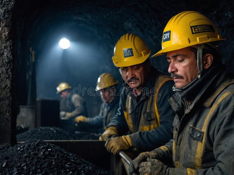 Coal Miners Working Diligently in a Dimly Lit Tunnel while Wearing ...