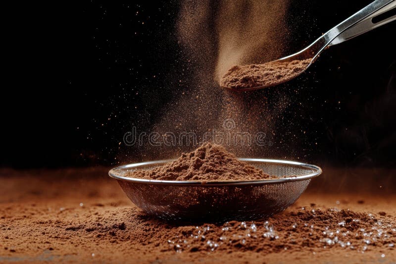 Dark Cocoa Powder Being Sifted through a Fine Mesh Strainer in a ...