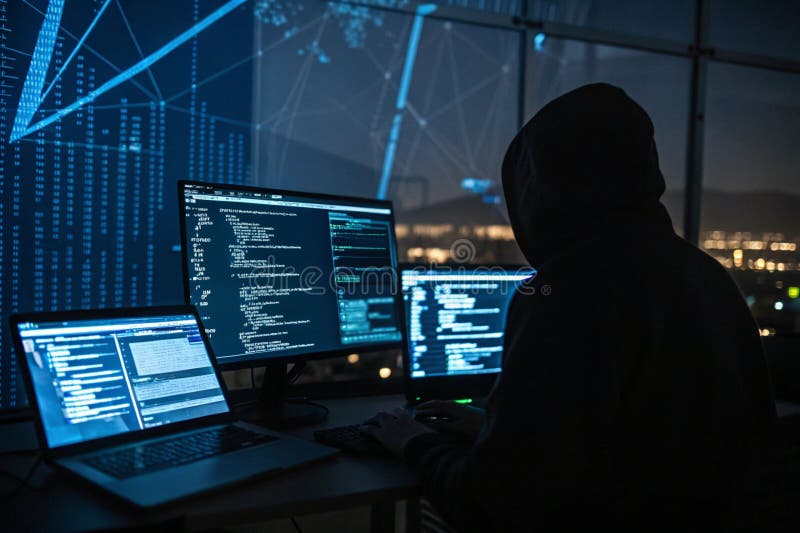 Dark Coding Environment With Multiple Computer Screens Displaying Code Creating A Cyberpunk
