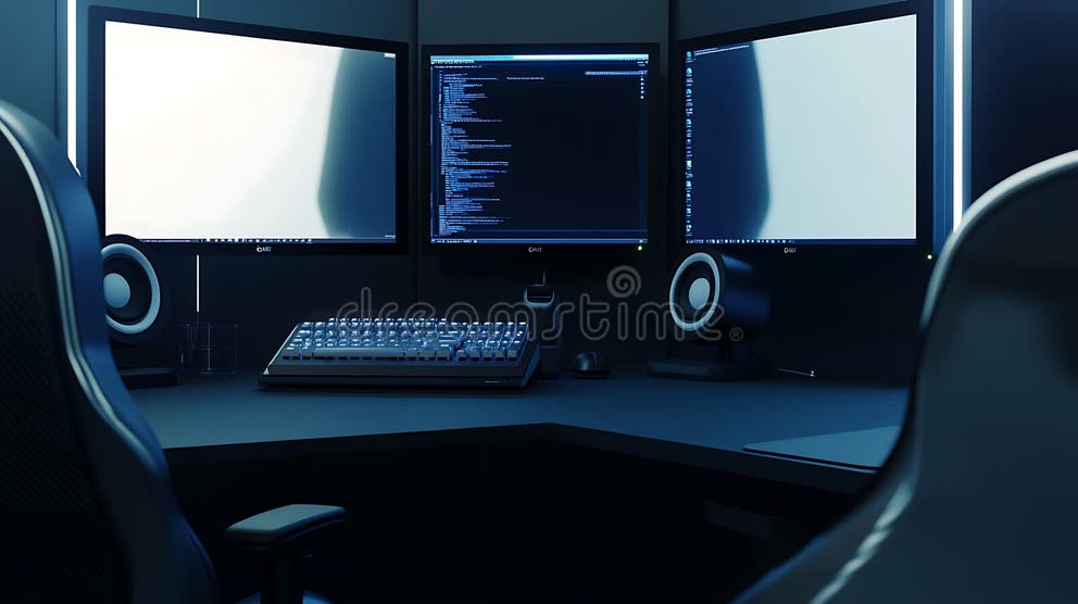 Dark Coding Workspace with Multiple Monitors and Gaming Chair Setup Home Office Environment for ...