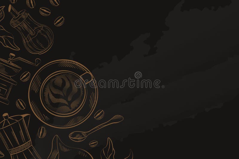 Dark Coffee Background with Hand Drawn Illustrations in a Circle Stock ...