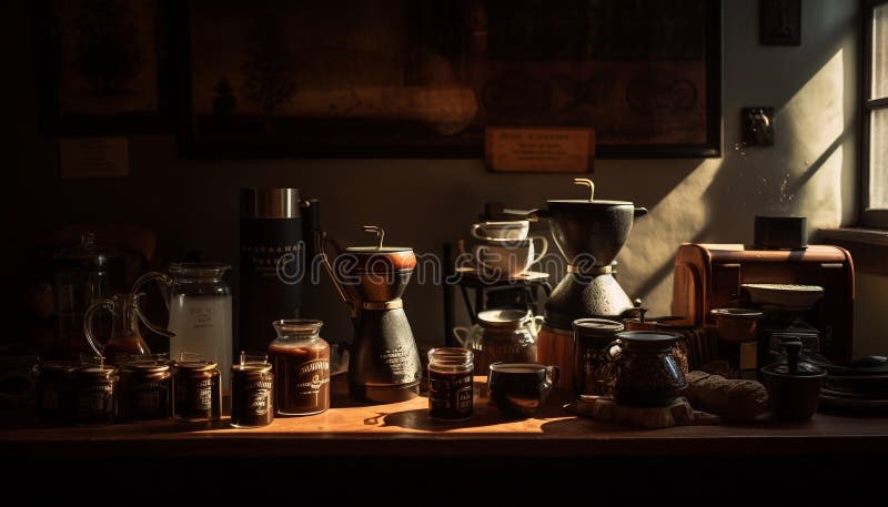 Dark Coffee Shop Table with Old Fashioned Machinery and Metal Equipment ...