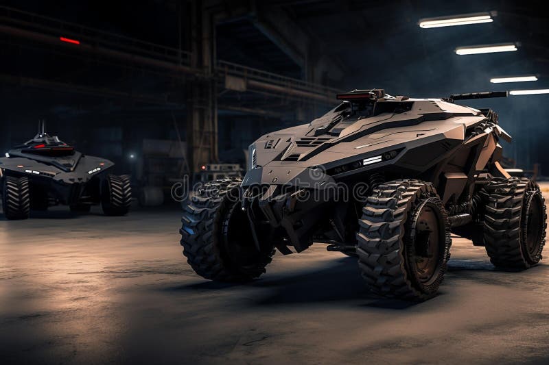 Dark-colored Military Car Parked in a Large Indoor Garage Space, AI ...
