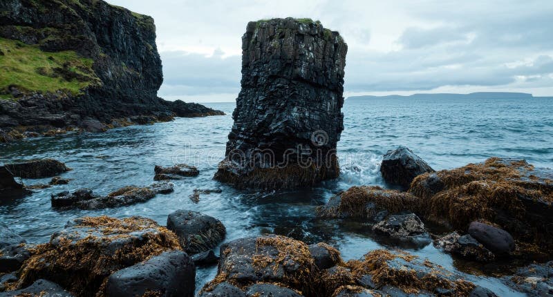 Dark Columnar Basalt Rock Formation in the Ocean Stock Illustration ...