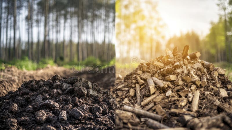 Dark Compost and Light Wood Chips in Contrasting Forest Settings Stock ...