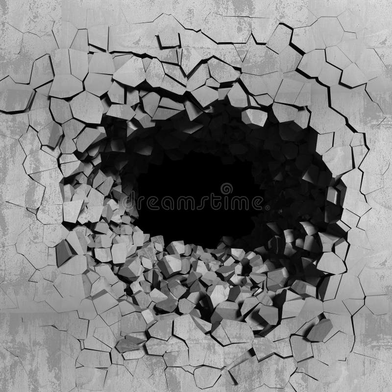 Dark Concrete Cracked Hole. Explosion Destruction of Wall Stock ...