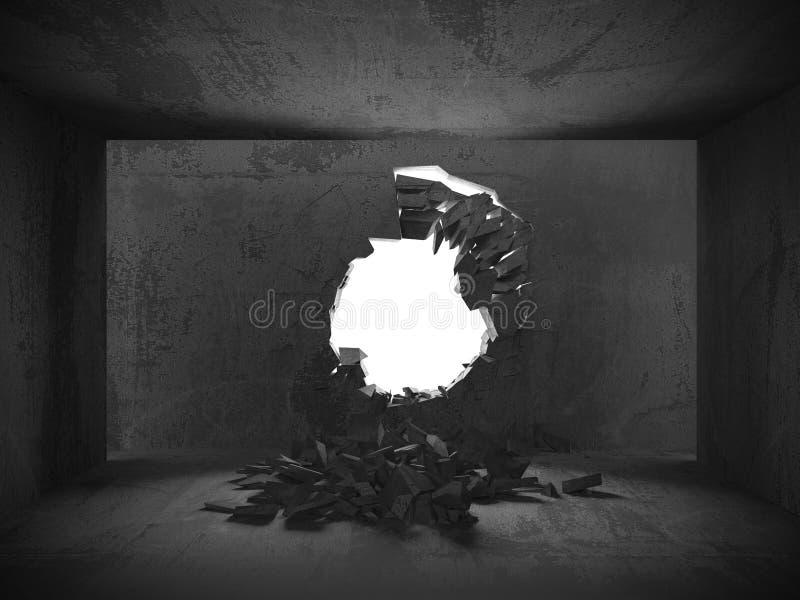 Dark Concrete Room with Round Crack Hole in Wall Stock Illustration ...