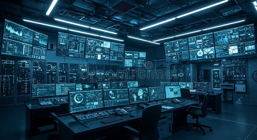 Dark Control Room Filled with Computer Monitors Displaying Various Data ...