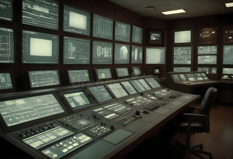 A Dark Control Room Filled with Numerous Screens Displaying Various ...