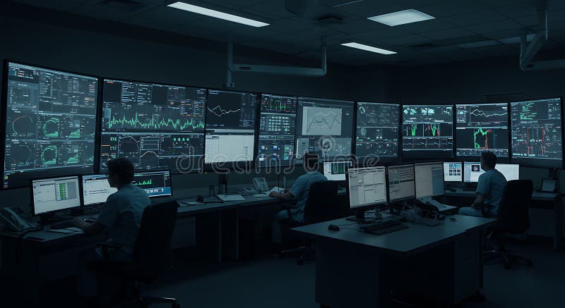 Dark Control Room with Multiple Monitors Displaying Complex Data and ...