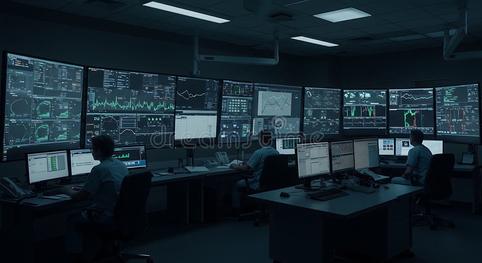 Dark Control Room with Multiple Monitors Displaying Complex Data and ...