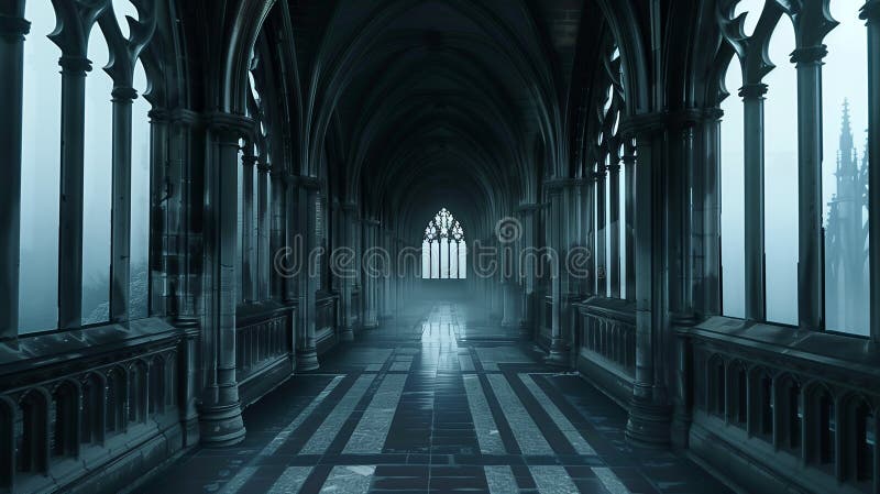 Dark Corridor with Ancient Gothic Columns and Doors, Stock Illustration ...