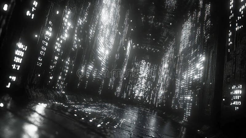 A Dark Corridor Filled with Streaming White Binary Code, Creating a ...