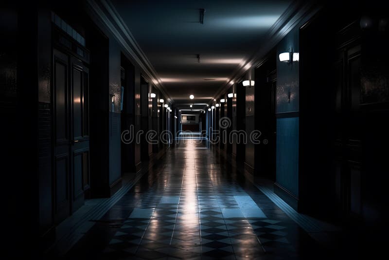 Dark Corridor or Hallway with Many Doors, Vintage Toned. Neural Network ...
