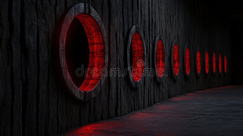 Dark Corridor with Illuminated Circular Windows Showcasing Red Light ...