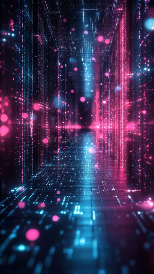 Dark Corridor Illuminated by Neon Lights with Futuristic Data Streams ...