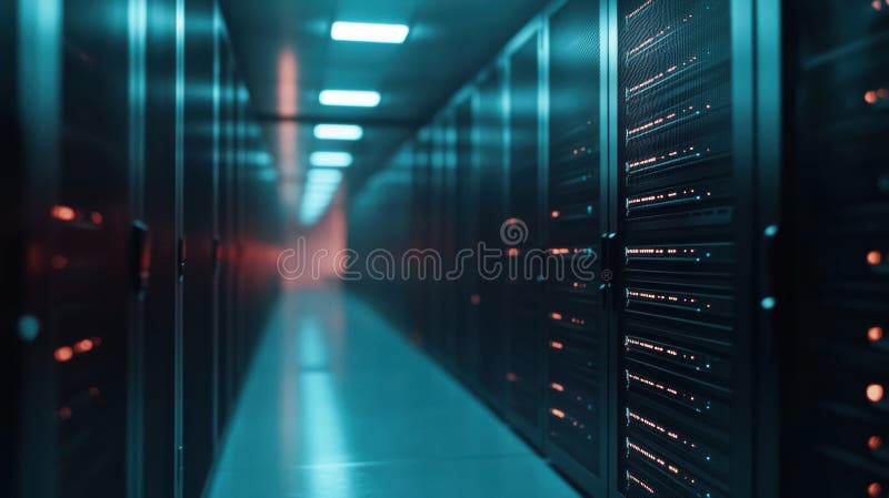 Dark Corridor Lined with Glowing Server Racks and Lights Stock ...