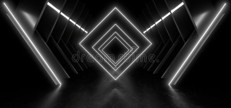 A Dark Corridor Lit by White Neon Lights. Reflections on the Floor and ...
