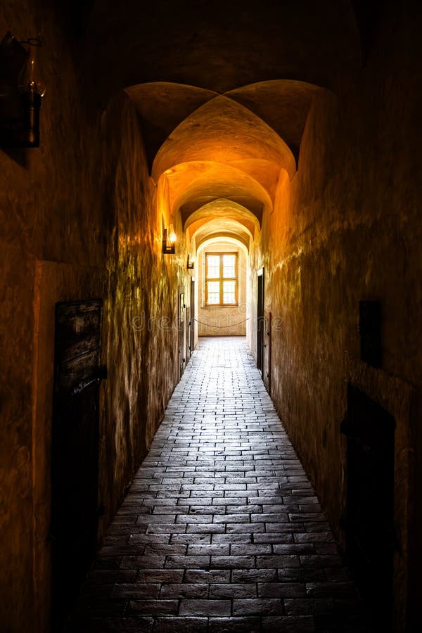 Dark Corridor of Medieval Castle Stock Image - Image of wall, temple ...