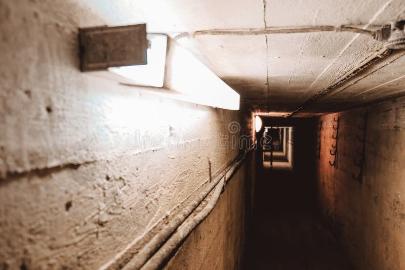 Dark Corridor of Old Abandoned Soviet Underground Bunker. Defocused ...