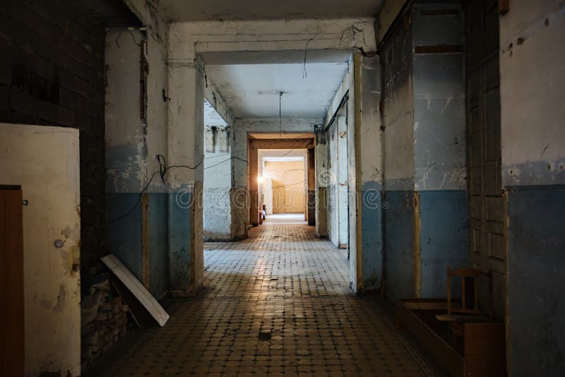 Dark Corridor of Old Shabby Dorm or Apartment House Stock Image - Image ...