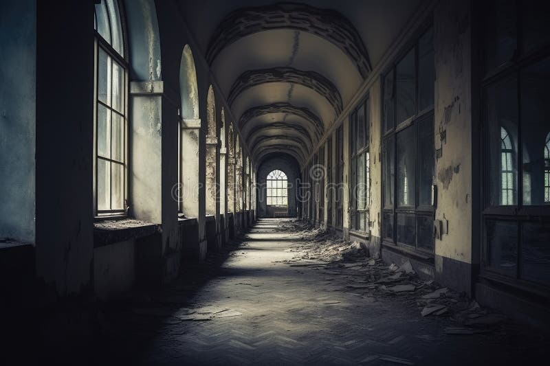 Dark Corridor with Old Windows in Abandoned Building. 3d Rendering, Old Empty Corridor Stock ...