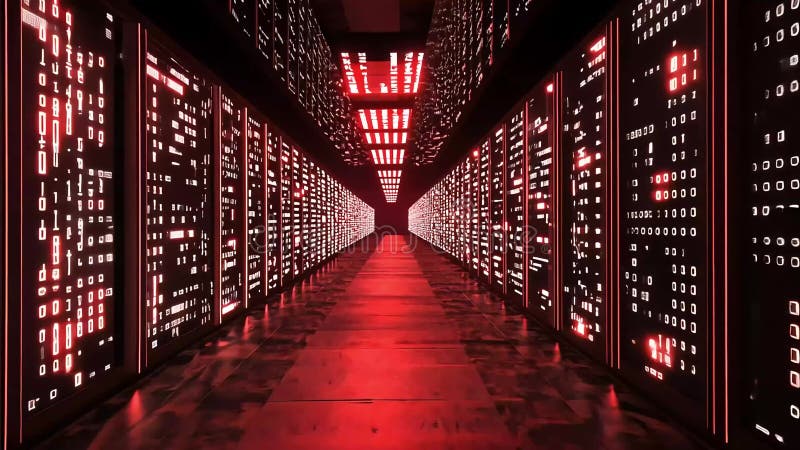 Dark Corridor with Server Racks Glowing Red, Displaying Binary Code in a Futuristic Data Center ...