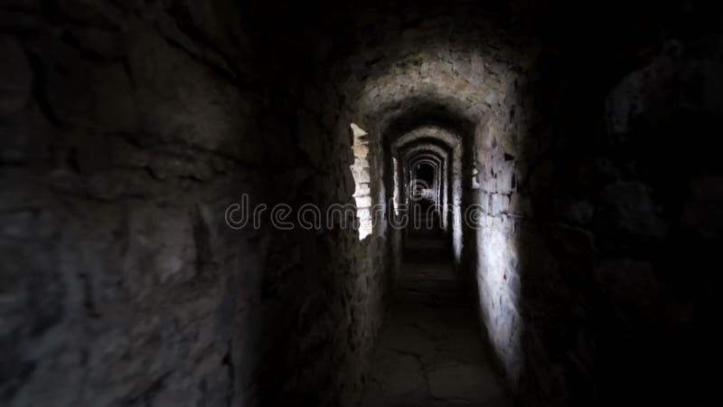 Dark Corridors in an Ancient Castle. Long Stone Corridor with Windows ...