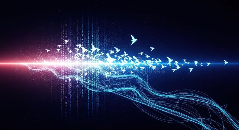 Flight of Digital Freedom: Luminous Birds Emerge from a Cosmic Binary Code Stream Stock ...