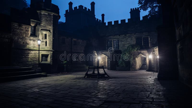 Dark Courtyard with Central Bench Stock Image - Image of serene ...