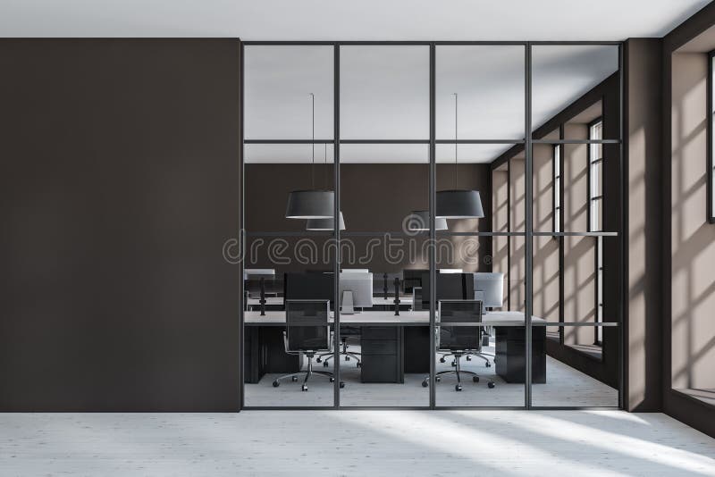 Dark Coworking Room with Computers Behind Glass Doors, Windows and ...
