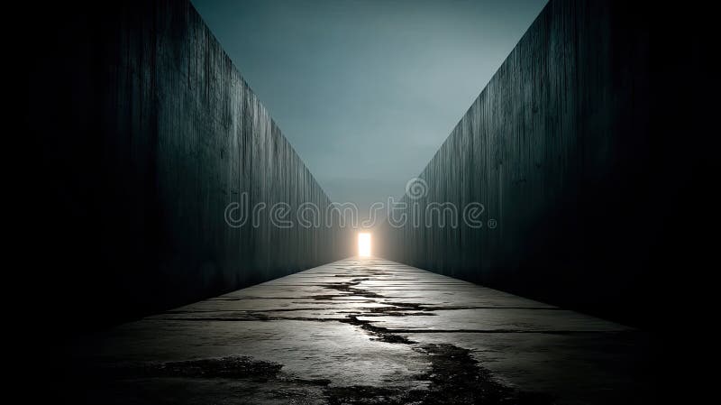 Dark, Cracked Pathway Leads To Bright Light at End of Narrow Corridor ...