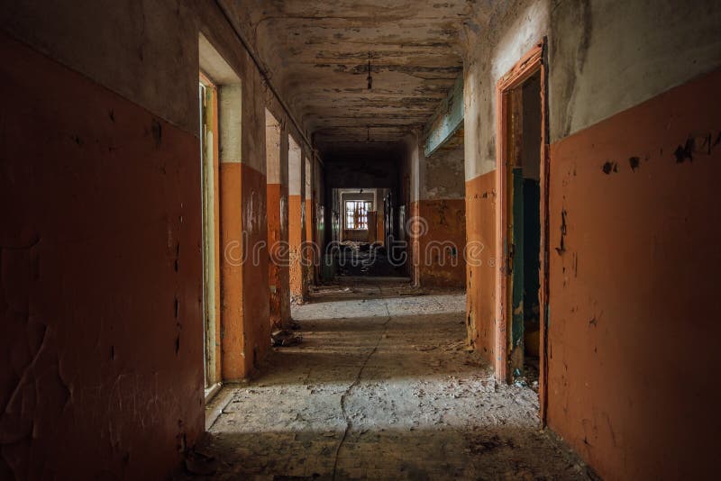 Dark Creepy Corridor of Abandoned Building Stock Photo - Image of floor ...