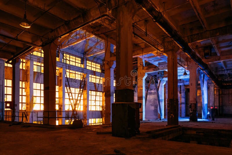 Dark Creepy Empty Abandoned Industrial Building Interior at Night Stock ...