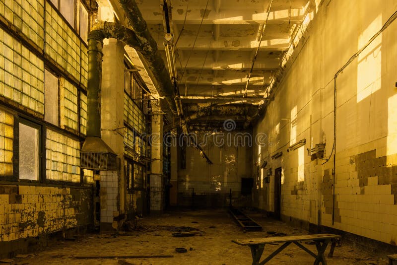 Dark Creepy Empty Abandoned Industrial Building Interior at Night Stock ...