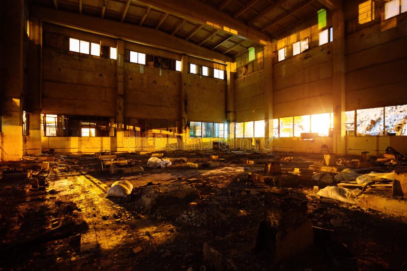 Dark Creepy Empty Abandoned Industrial Building Interior at Night Stock ...