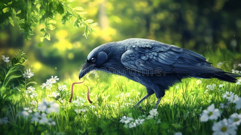 Dark Crow Eating Worm Amidst Spring Daisies in Sunny Forest Stock ...