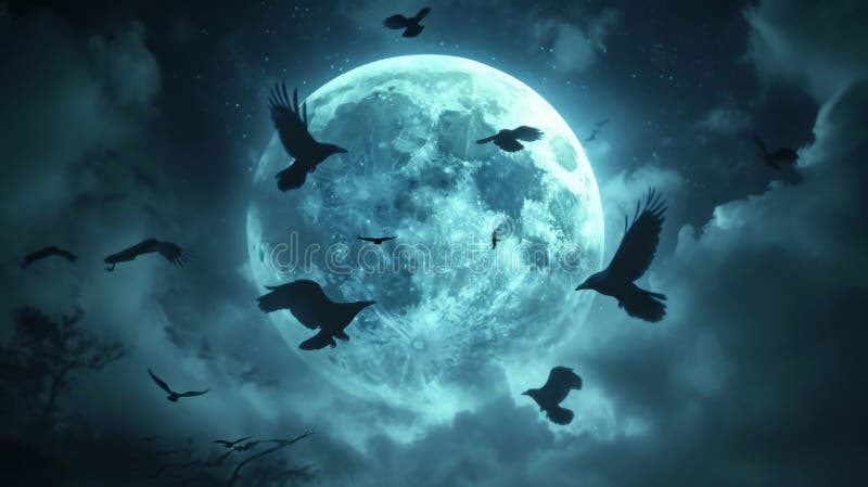 Dark Crows Flying Against a Glowing Full Moon at Night Stock Image ...