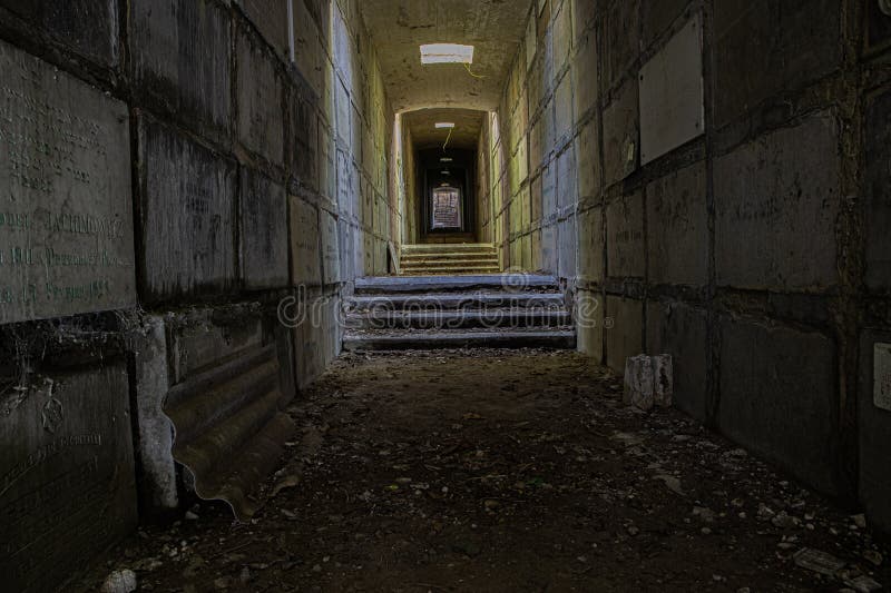 Dark Crypt Corridor with Light at the End Stock Image - Image of wood ...