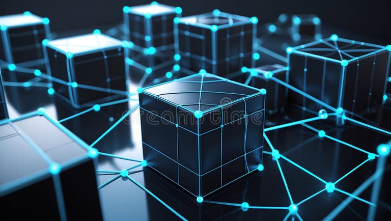Dark Cubes Network Blue Lines Interconnected Glowing Nodes Abstract 3 D Render Image Stock ...