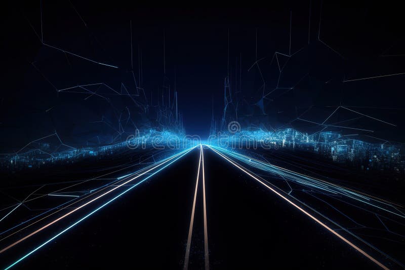 Dark Cyber Roads with Bright Neon Blue Boundaries. Generative AI Stock ...