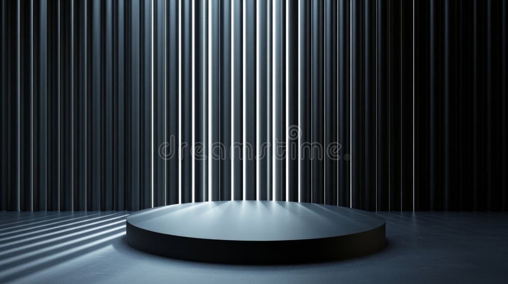 Dark Cylindrical Platform with Vertical Lines and Spotlights Stock ...