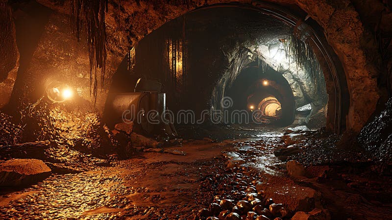 Dark, Damp Subterranean Tunnel with Water, Rocks, and Dim Lighting ...