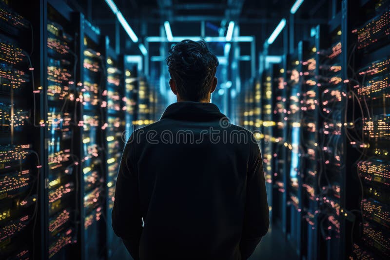 In Dark Data Center-Back View of it Specialist Stands beside the Row of ...